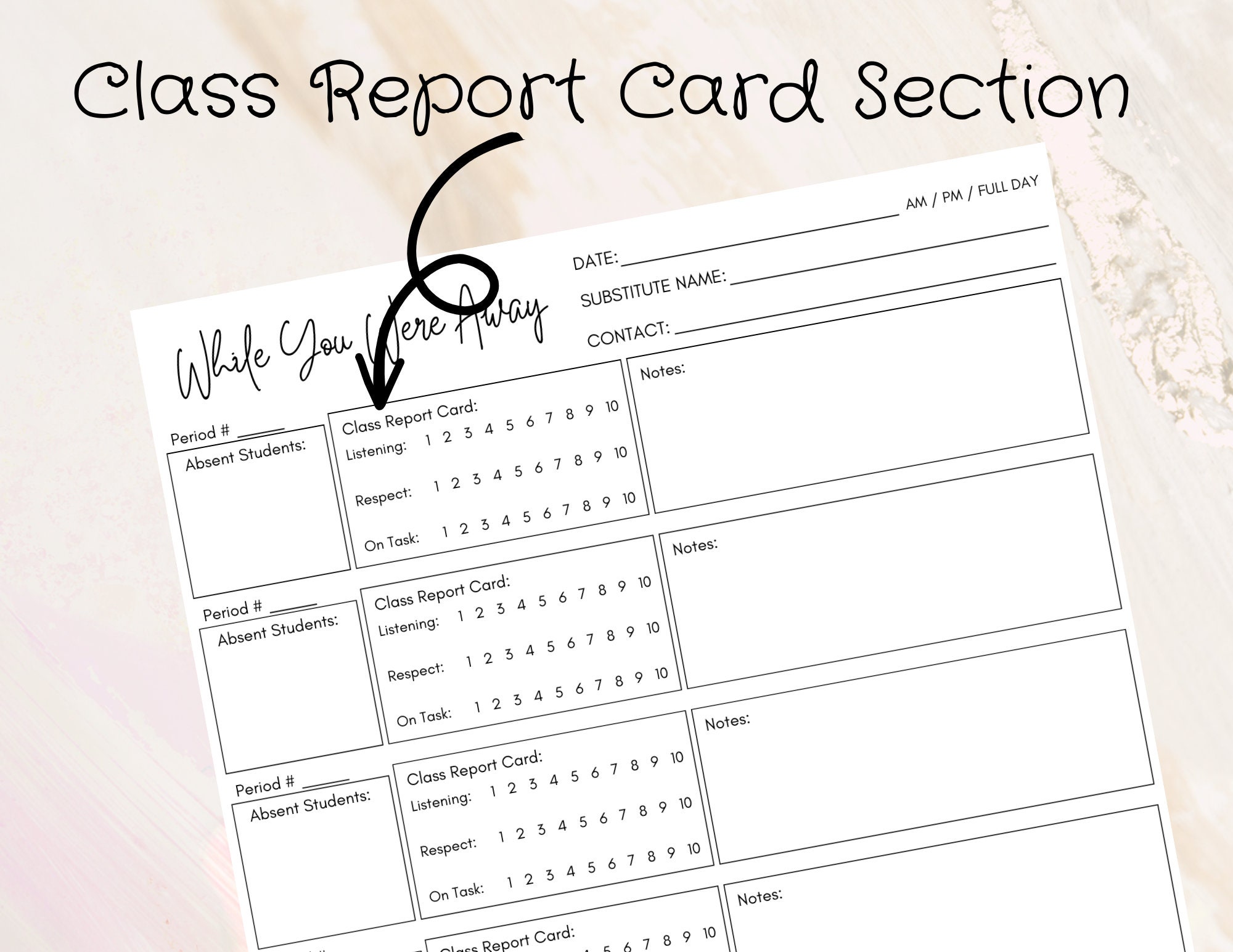 Middle/high School Substitute Teacher Notemultiple Class Substitute ...