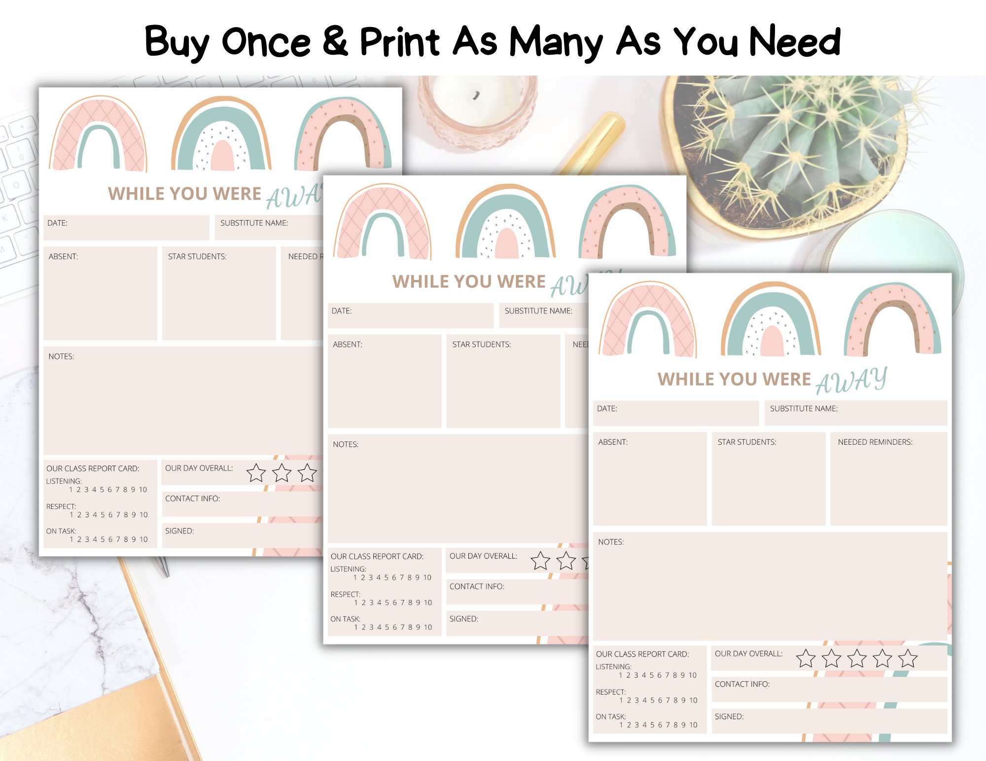 Boho Rainbow Substitute Teacher Note|substitute Note to Teacher|supply ...