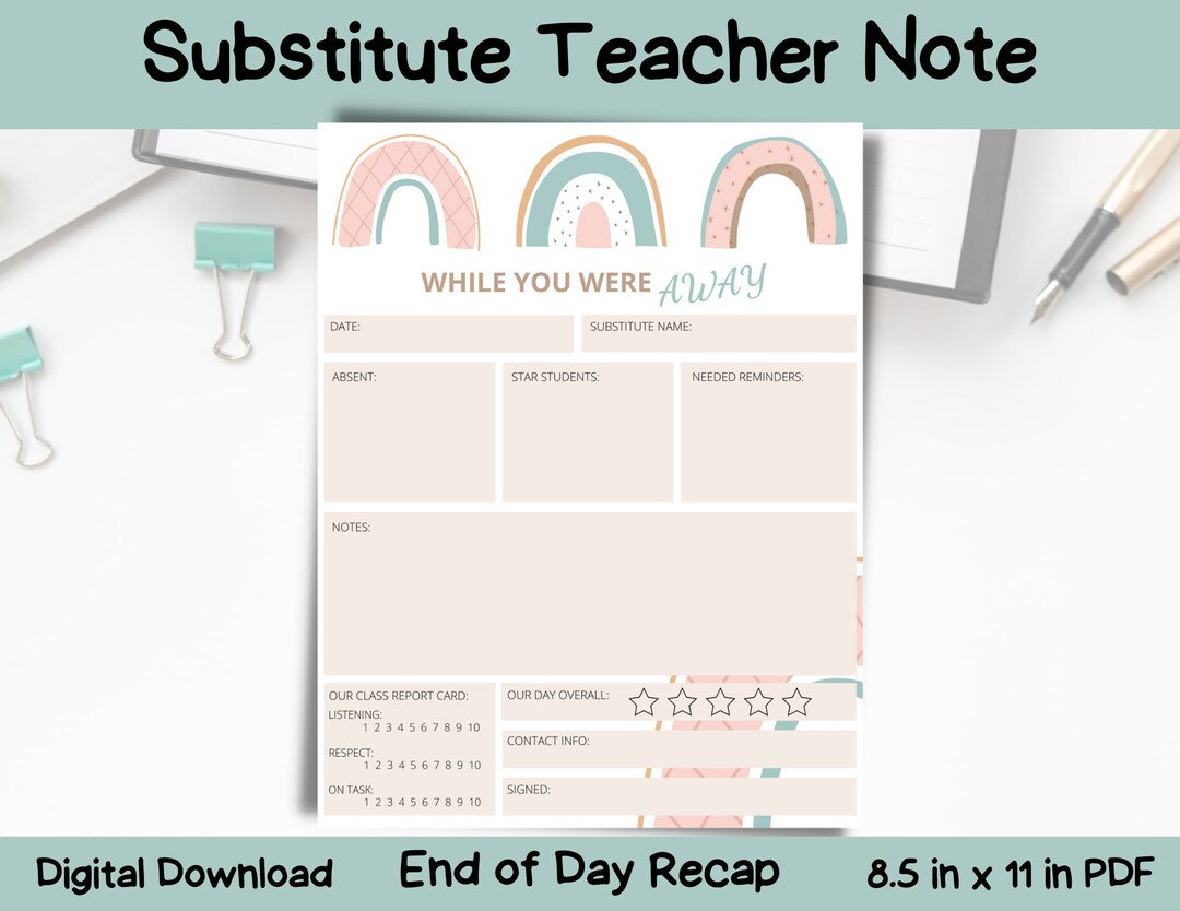 Boho Rainbow Substitute Teacher Notesubstitute Note to Teachersupply ...