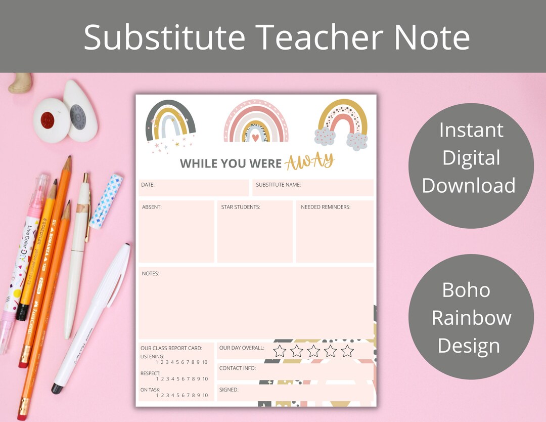 Boho Rainbow Substitute Teacher Notesubstitute Note to - Etsy