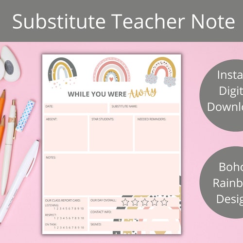 Printable Substitute Teacher While You Were Away Note Boho - Etsy