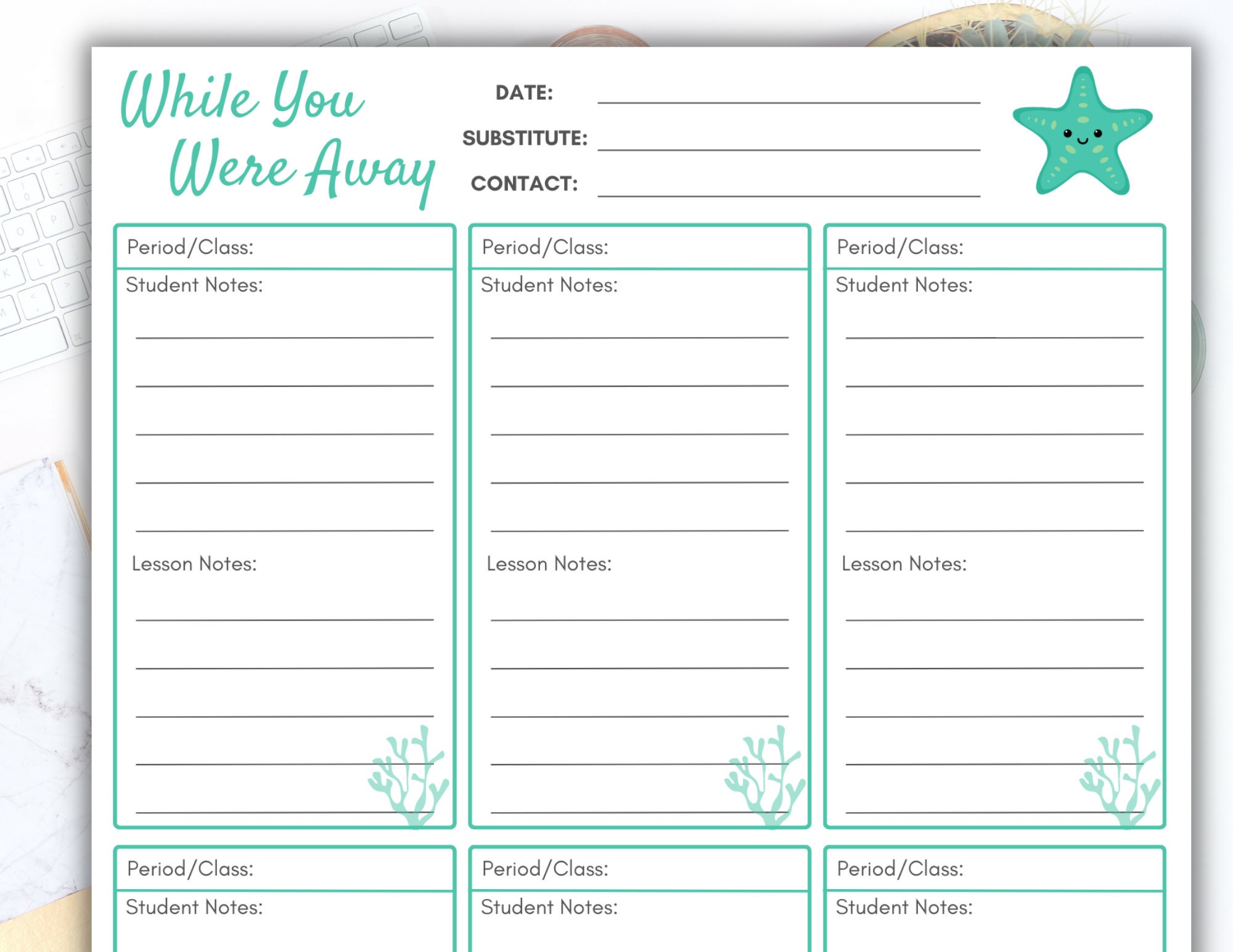 Middle/high School Substitute Teacher Note|multiple Class Substitute ...