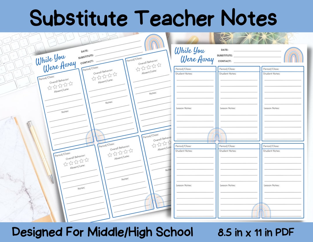 Middle/high School Substitute Teacher Notemultiple Class - Etsy Canada