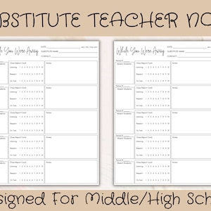 Middle/high School Substitute Teacher Notemultiple Class - Etsy Canada