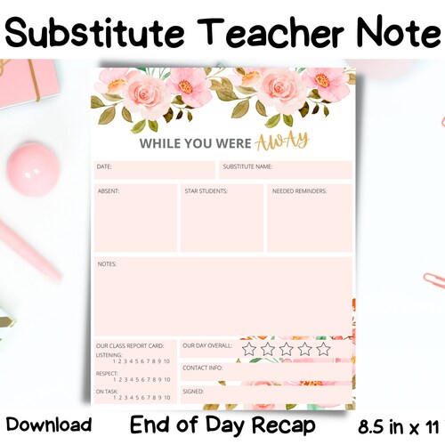 Teacher Resources Sub Report Printable Substitute Teacher - Etsy