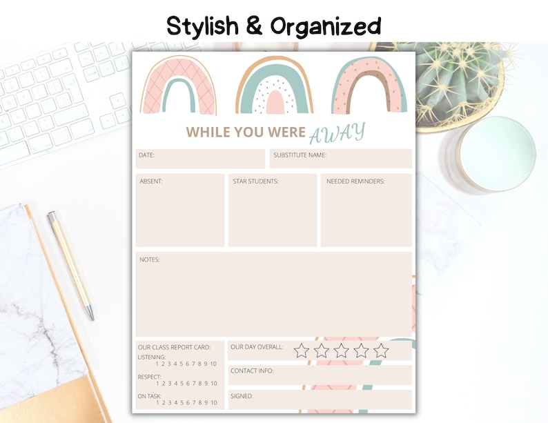 Boho Rainbow Substitute Teacher Note|substitute Note to Teacher|supply ...