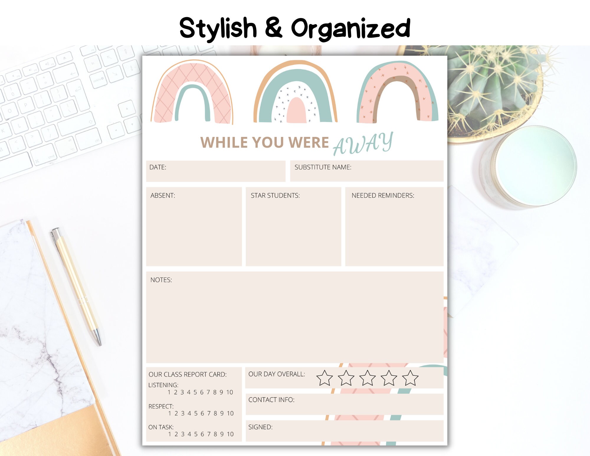 Boho Rainbow Substitute Teacher Note|substitute Note to Teacher|supply ...