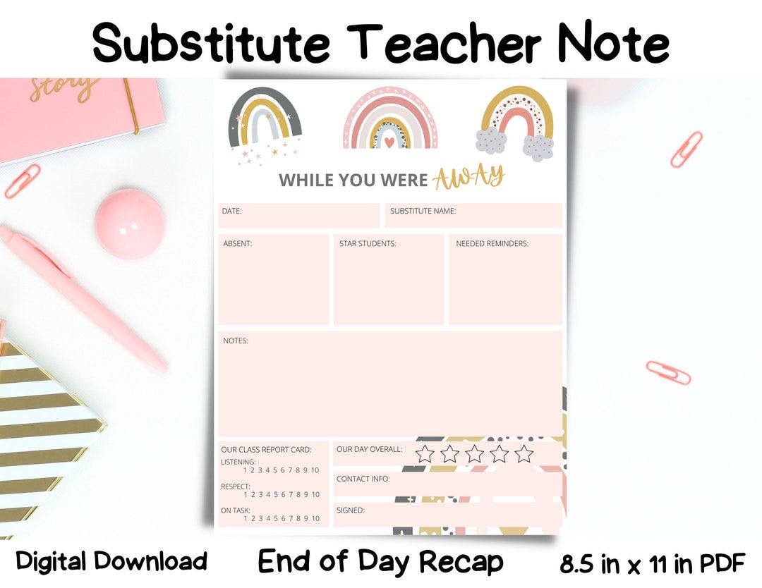 Boho Rainbow Substitute Teacher Notesupply Relief Teacher End of Day ...