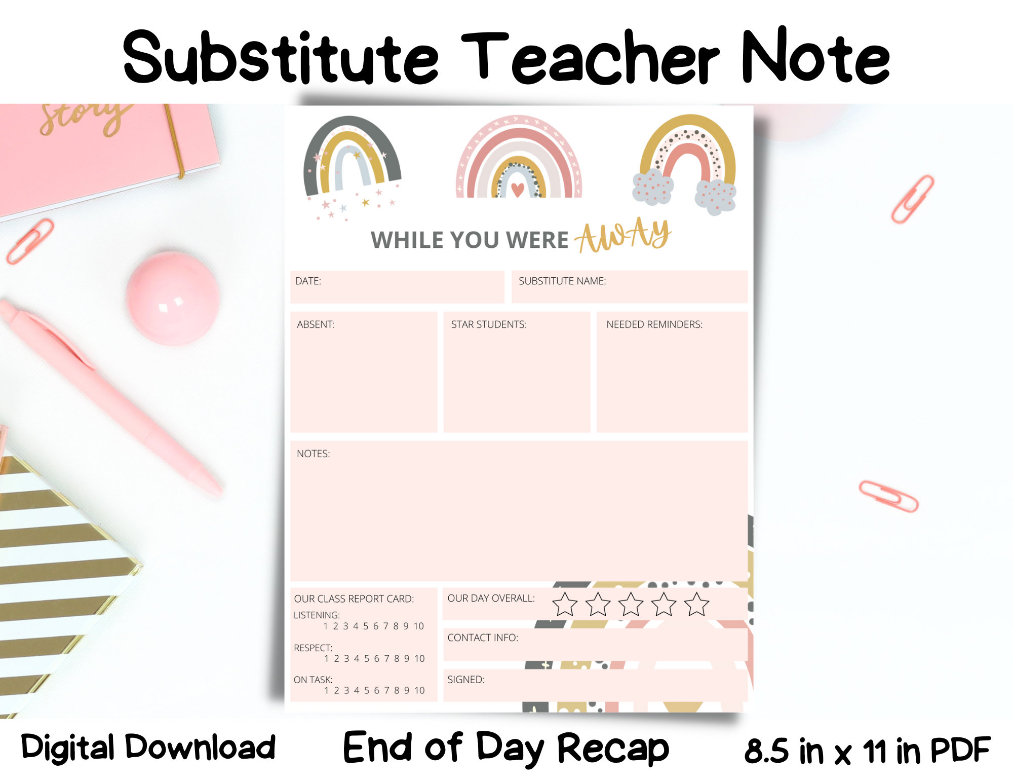 Boho Rainbow Substitute Teacher Notesupply Relief Teacher End - Etsy