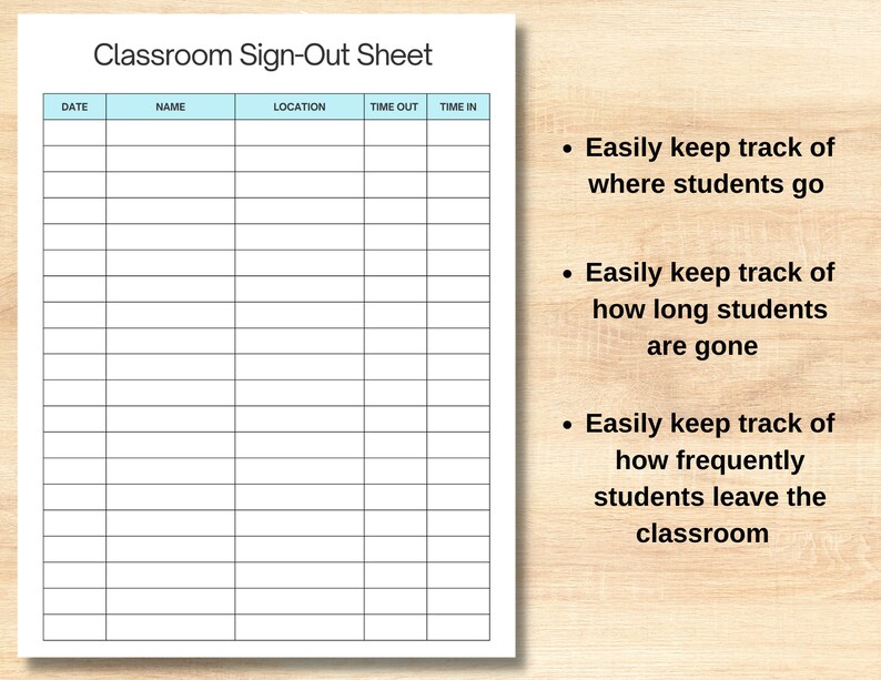Elementary Middle High School Classroom Sign Out Sheetprintable Student ...