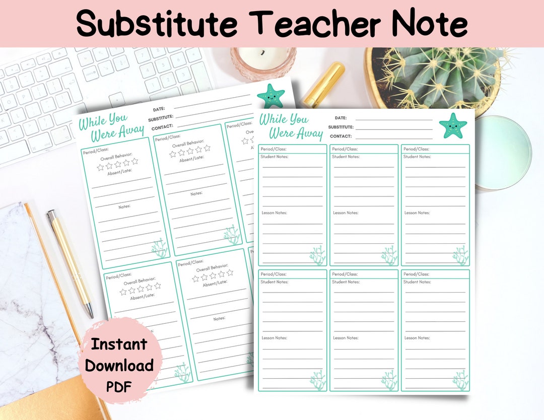 Middle/high School Substitute Teacher Note|multiple Class Substitute ...