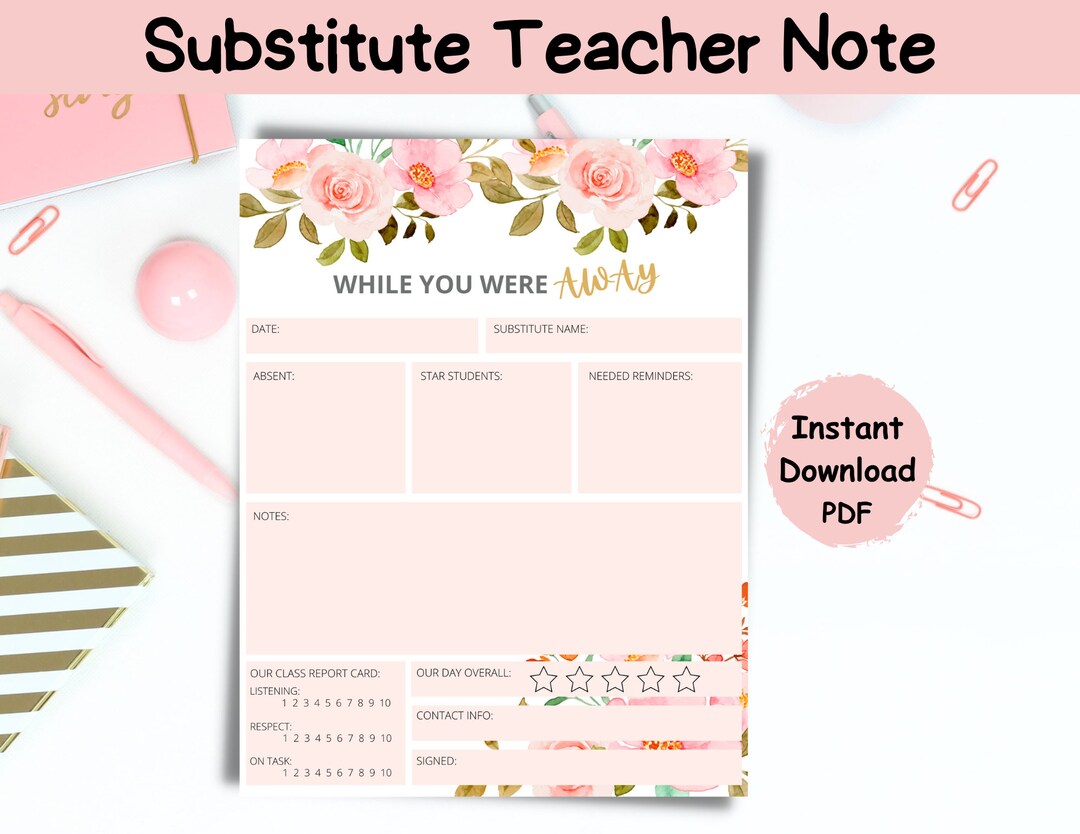 Pink Flowers Substitute Teacher Notesub Binder Resourcesupply Teacher ...