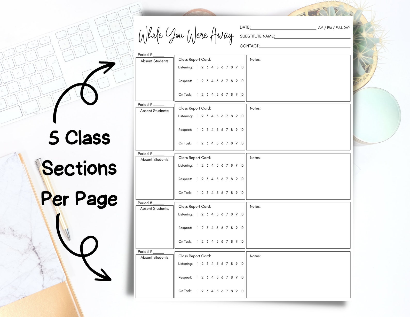 Middle/high School Substitute Teacher Notemultiple Class Substitute ...