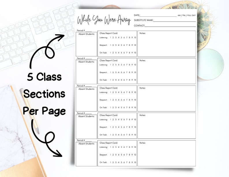 Middle/high School Substitute Teacher Notemultiple Class Substitute ...