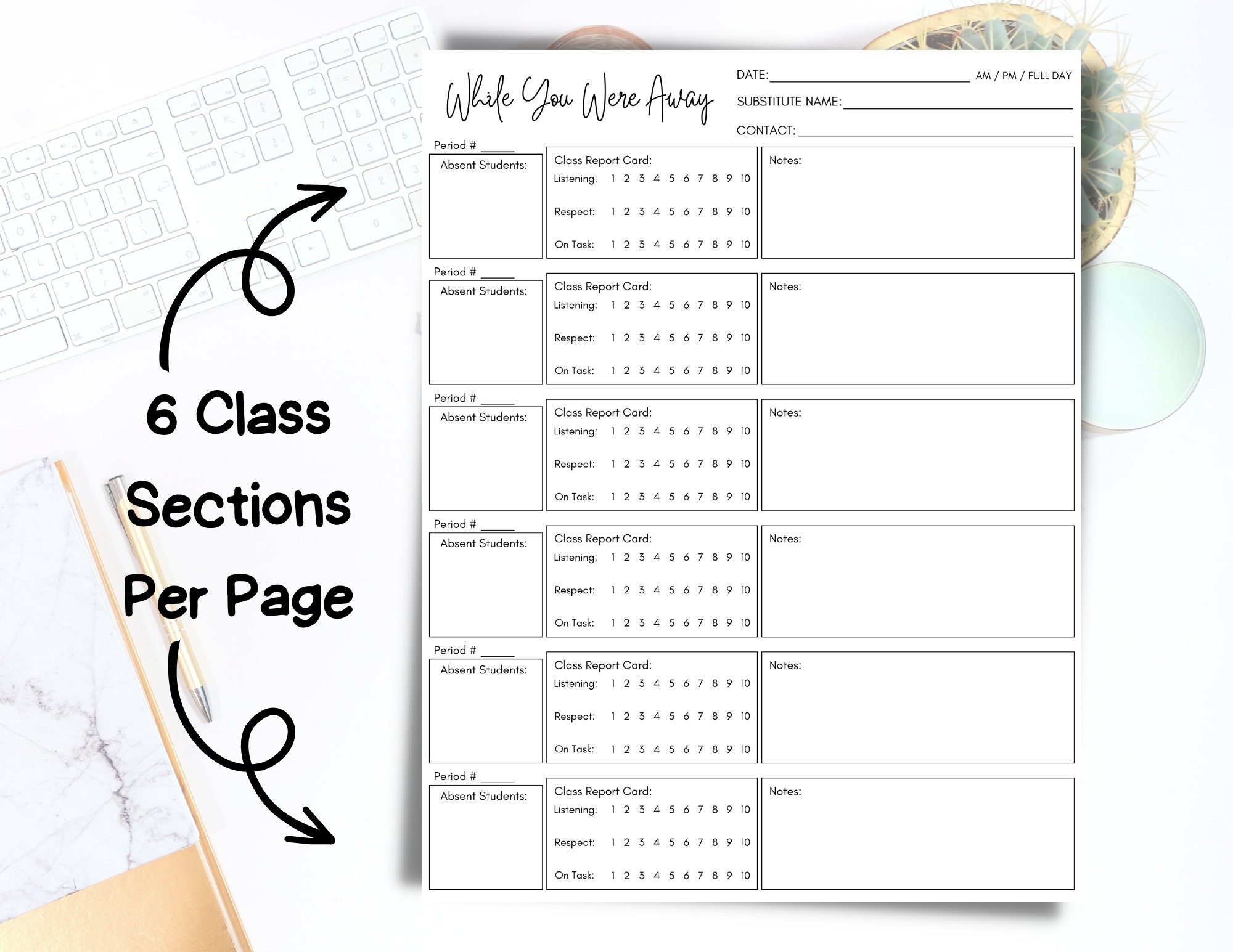 Middle/high School Substitute Teacher Note: End of Day Report (PDF) - Etsy