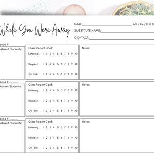 Middle/high School Substitute Teacher Notemultiple Class Substitute Reportend of Day Supply ...