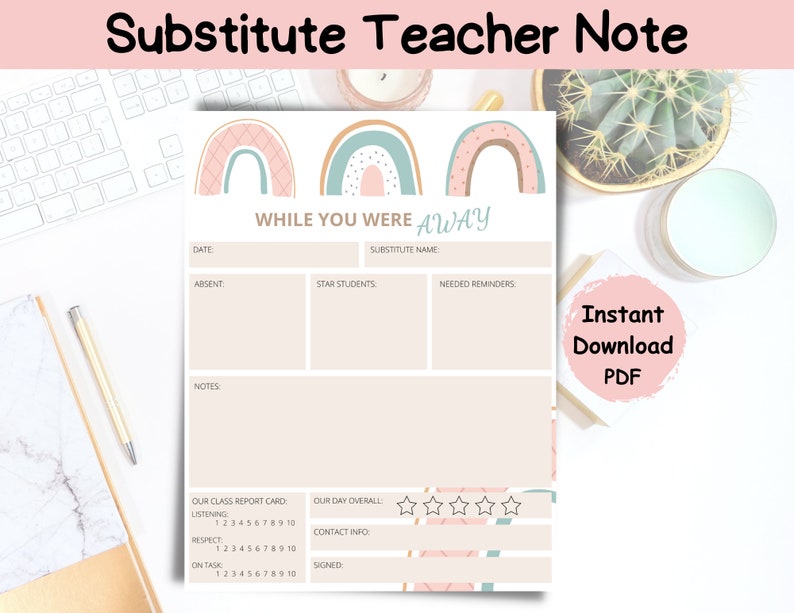 Boho Rainbow Substitute Teacher Note|substitute Note to Teacher|supply ...
