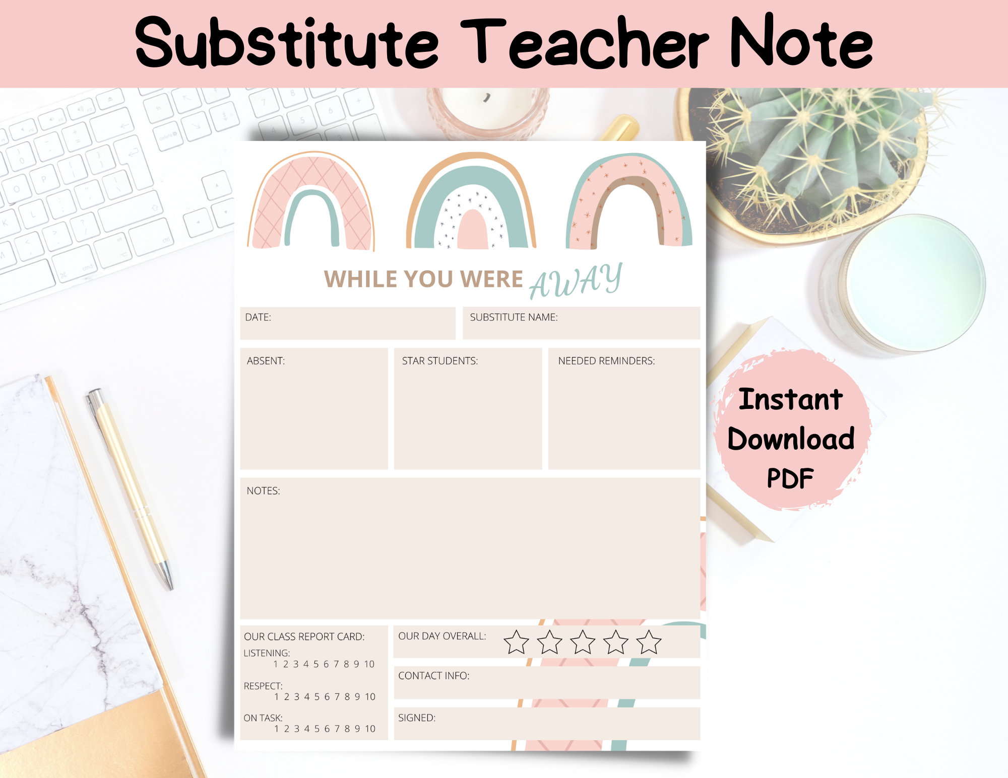Boho Rainbow Substitute Teacher Note|substitute Note to Teacher|supply ...