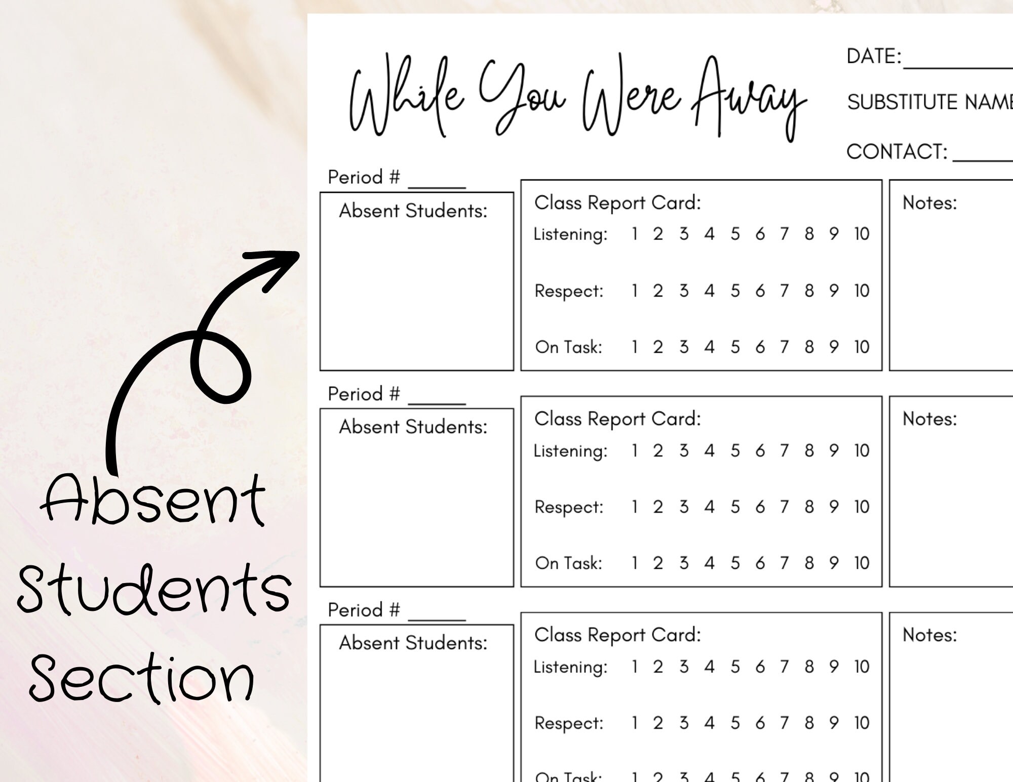 Middle/high School Substitute Teacher Notemultiple Class Substitute ...