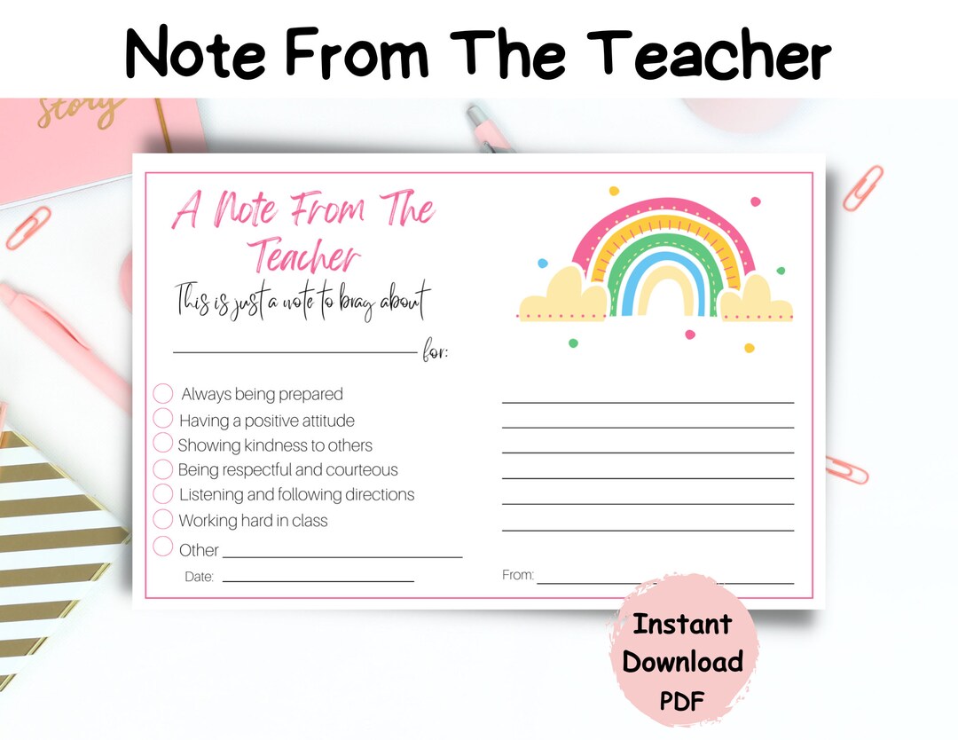 Positive Teacher Note Home to Parentsteacher Brag Cardstudent ...