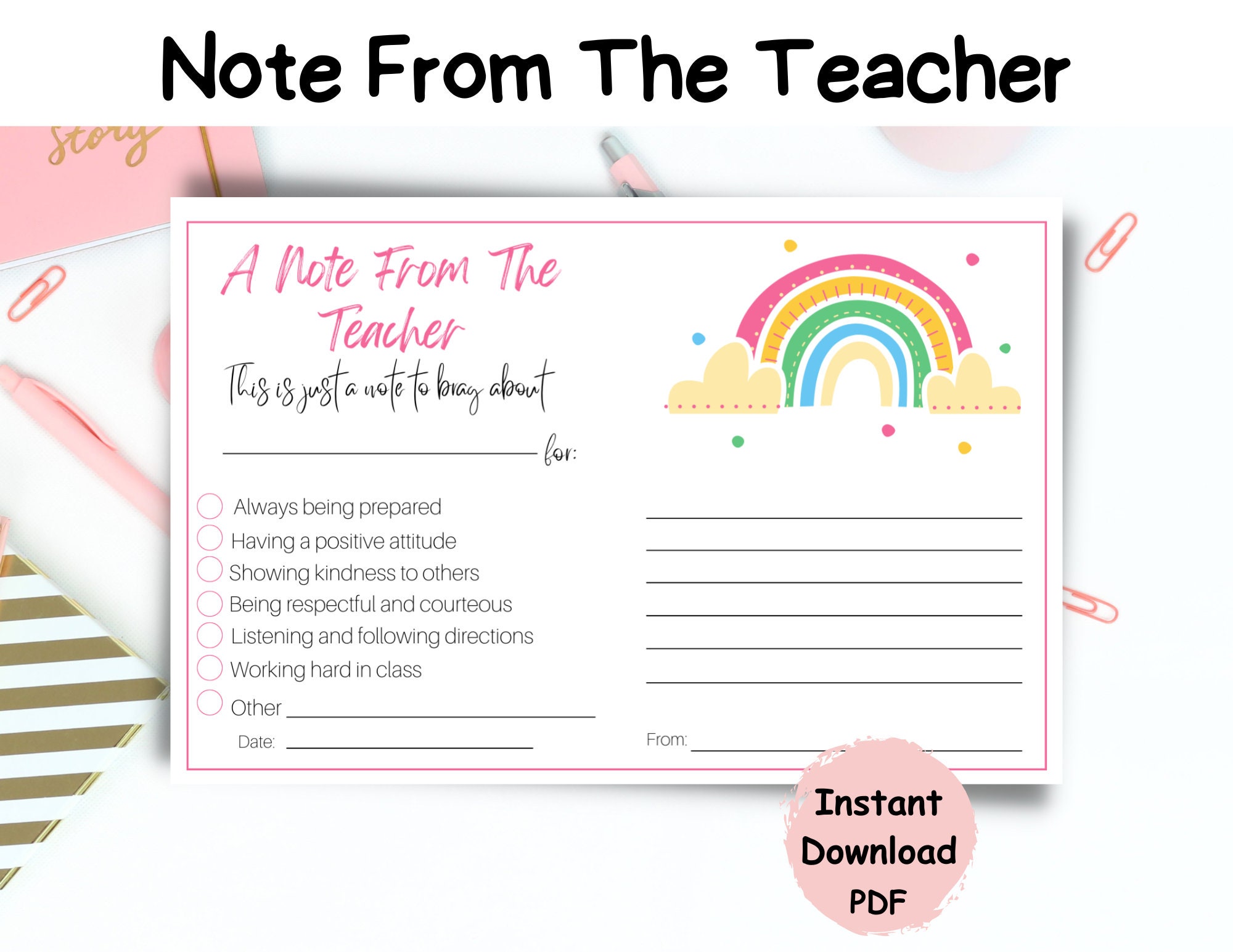 Positive Teacher Note Home to Parentsteacher Brag Cardstudent ...