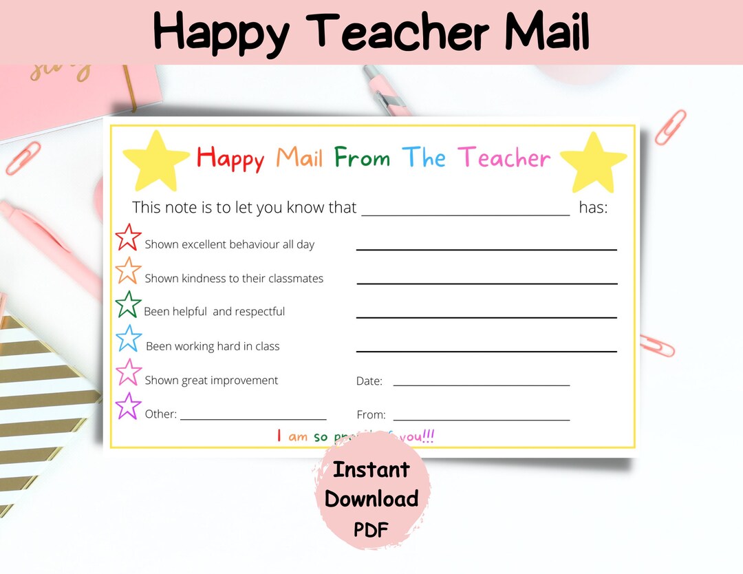 Gold Star Happy Mail From the Teacher|positive Teacher Note Home ...