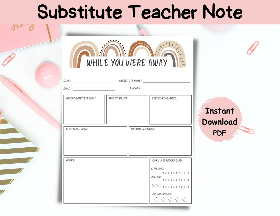 Neutral Rainbow Substitute Teacher Note: Printable Teacher Report (PDF ...