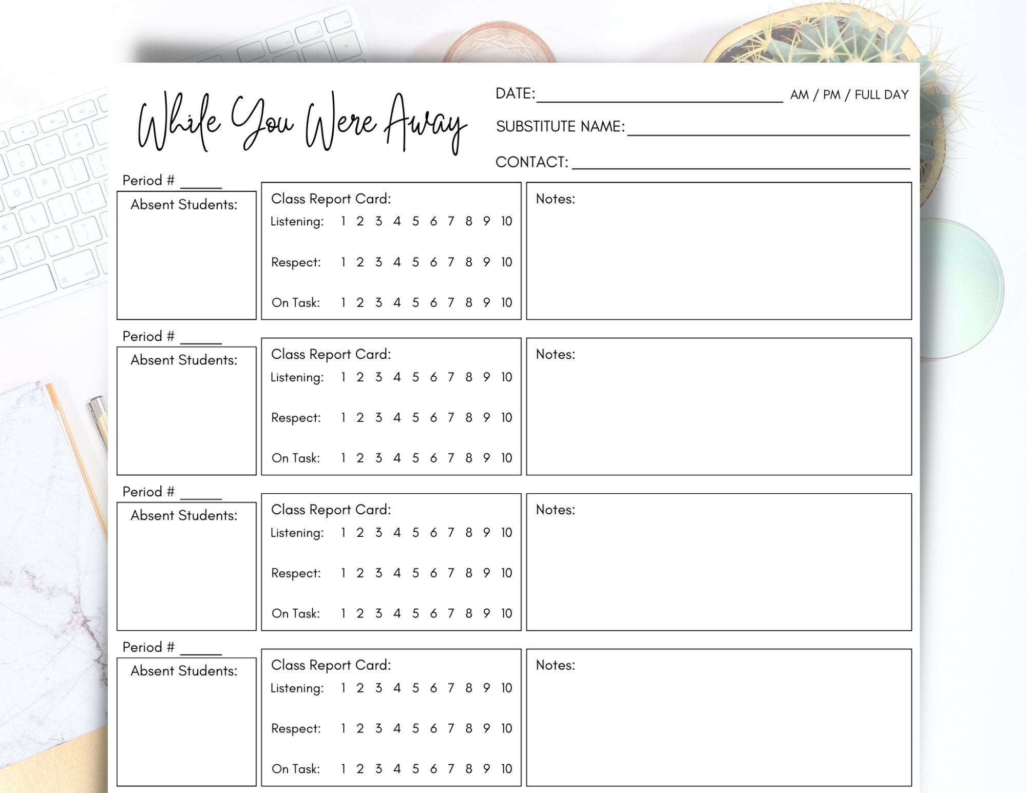 Middle/high School Substitute Teacher Note: End of Day Report (PDF) - Etsy