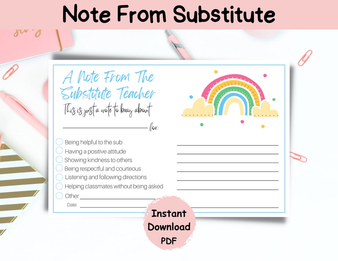 Substitute Teacher Note Home: Rainbow Design (PDF) - Etsy
