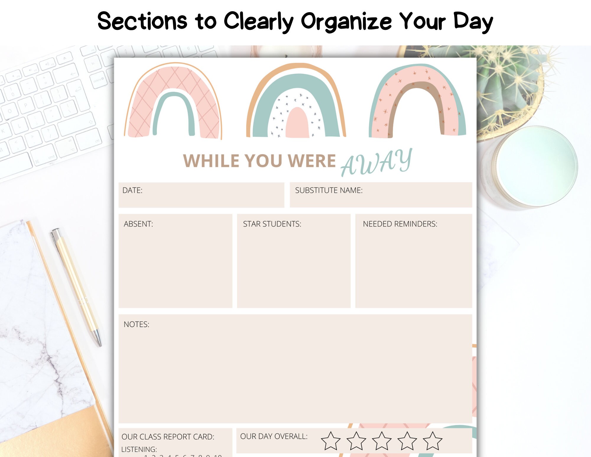 Boho Rainbow Substitute Teacher Note|substitute Note to Teacher|supply ...