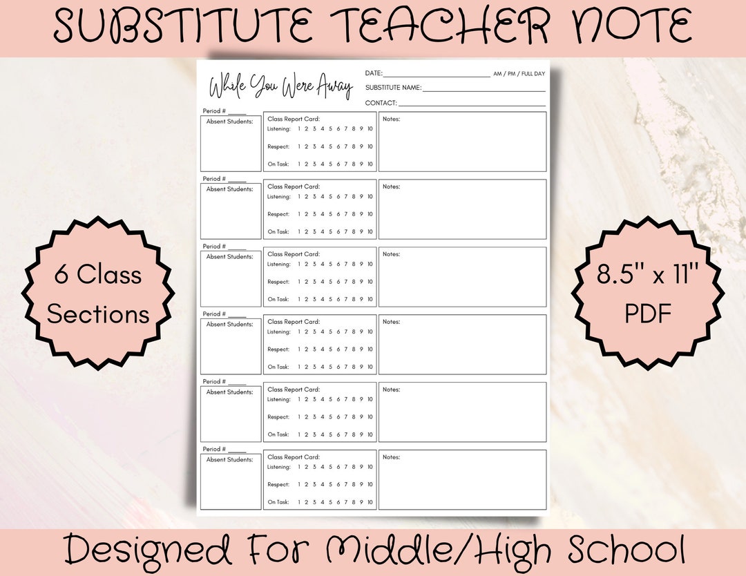 Middle/high School Substitute Teacher Notemultiple Class Substitute ...