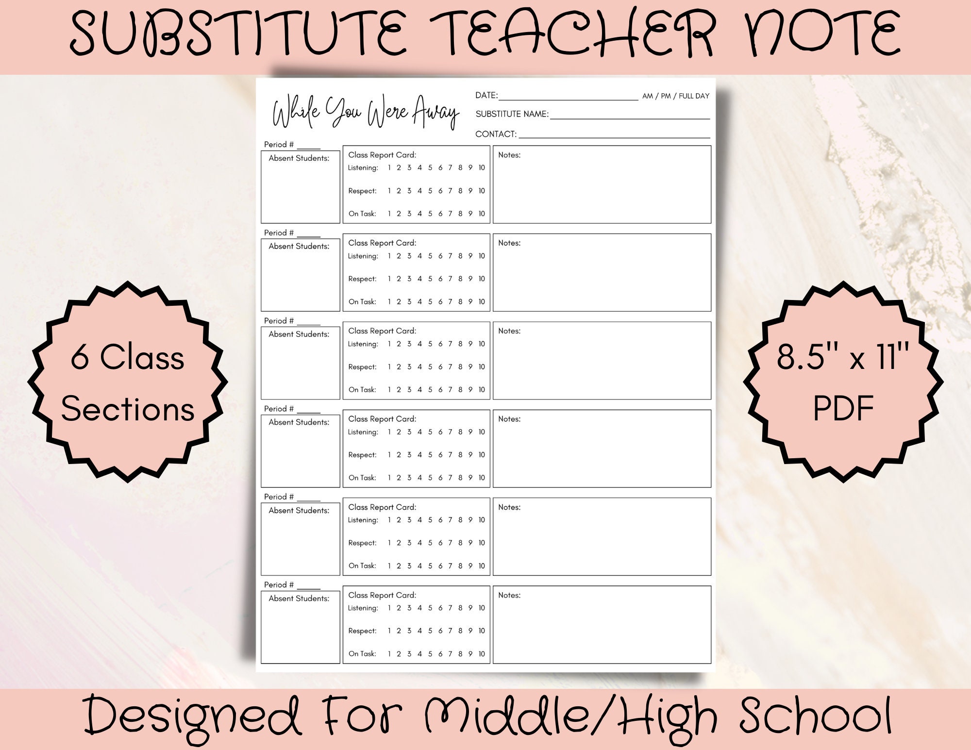 Middle/high School Substitute Teacher Notemultiple Class Substitute ...