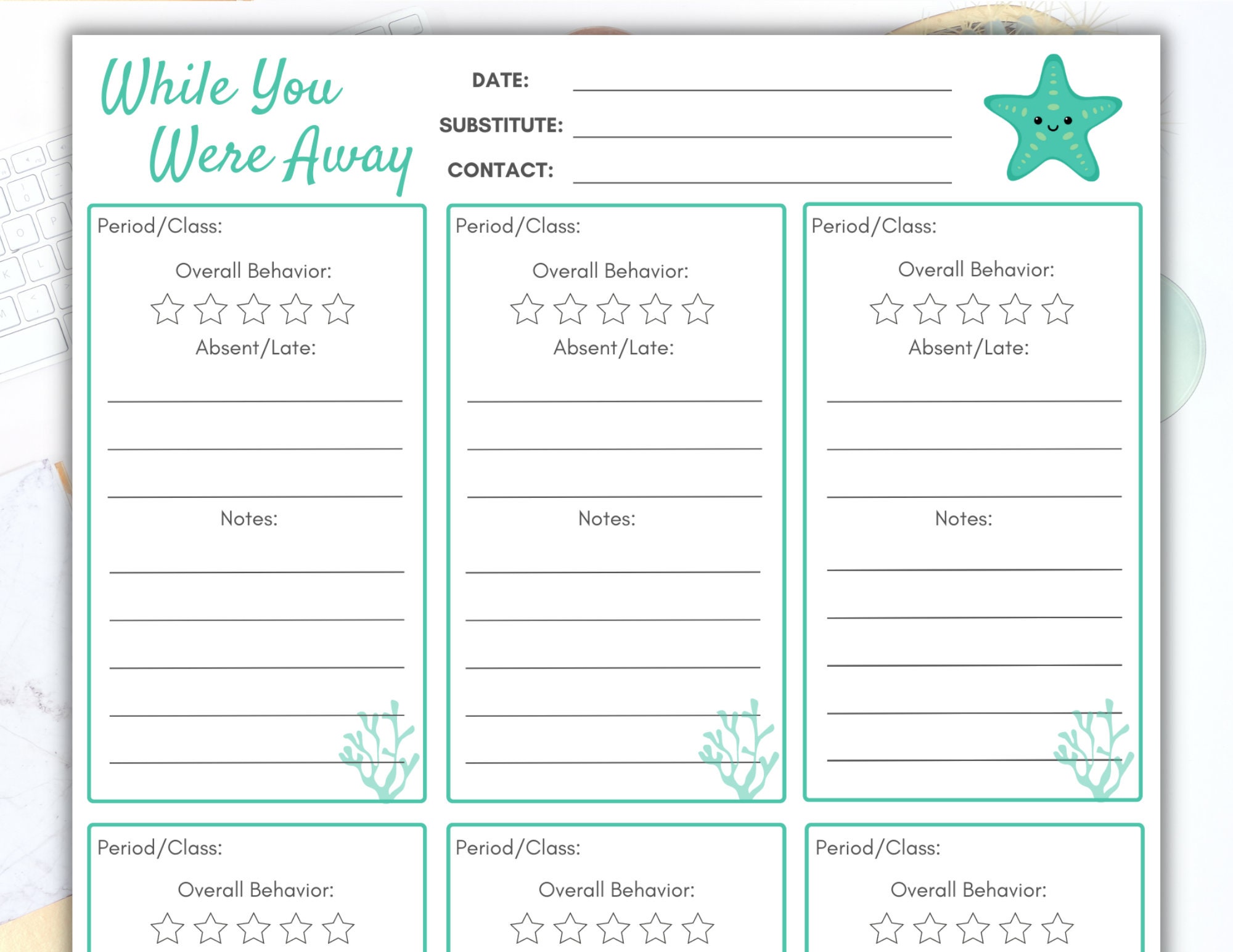 Middle/high School Substitute Teacher Note|multiple Class Substitute ...