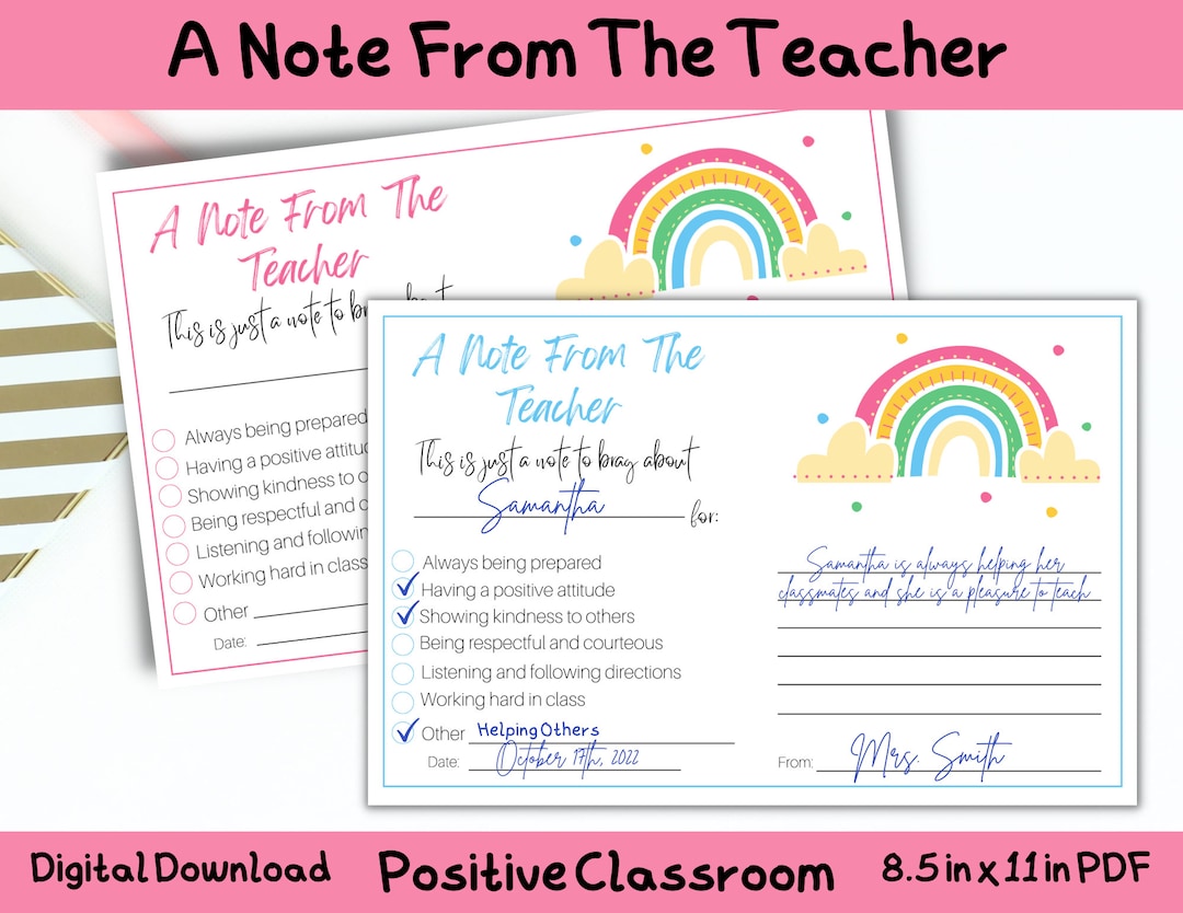 Positive Teacher Note Home to Parentsteacher Brag Cardstudent ...