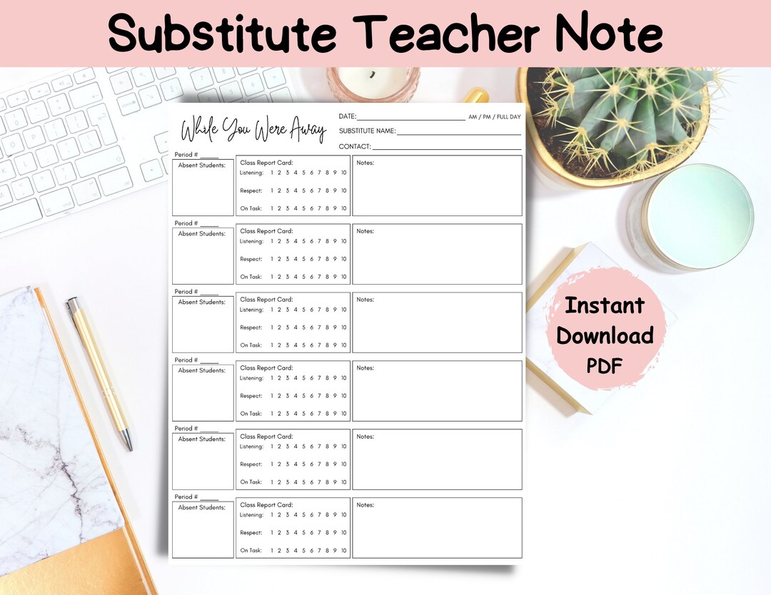 Middle/high School Substitute Teacher Note: End of Day Report (PDF) - Etsy