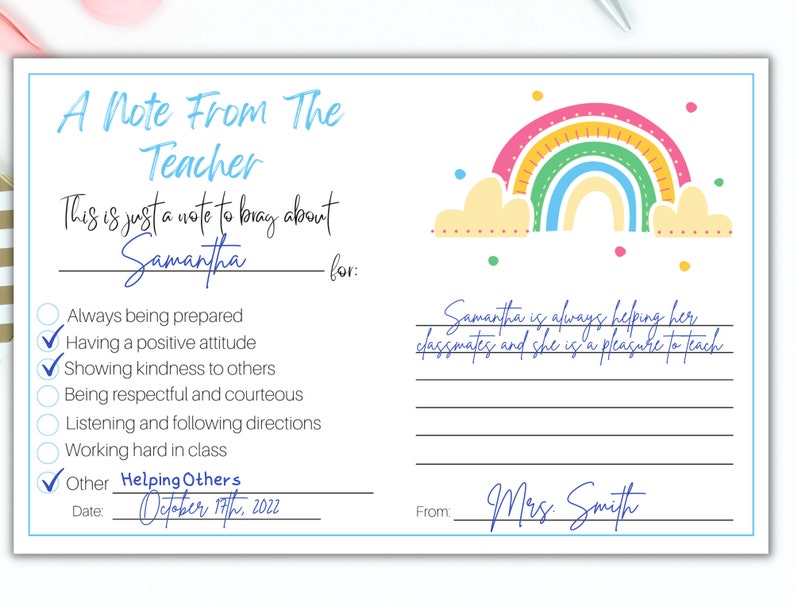 Positive Teacher Note Home to Parentsteacher Brag - Etsy