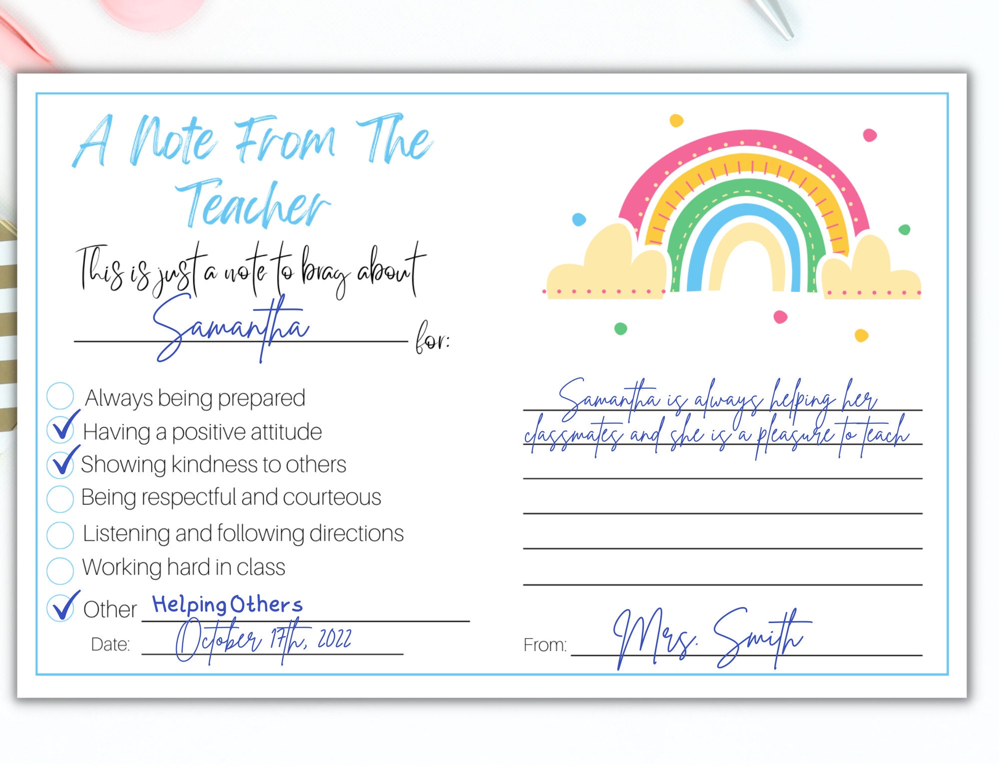 Positive Teacher Note Home to Parentsteacher Brag Cardstudent ...