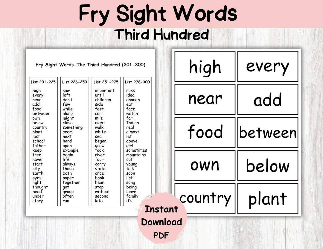 Fry Sight Words Flashcards 201-300: Grades 2-4 (PDF Download)) - Etsy