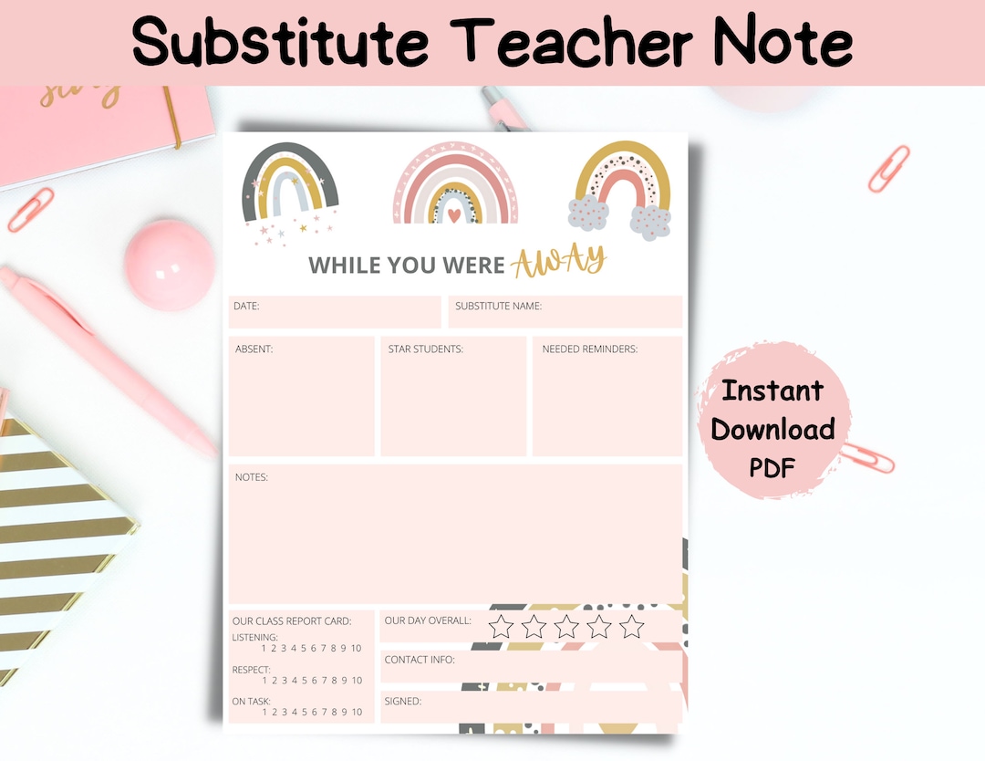 Boho Rainbow Substitute Teacher Note|supply Relief Teacher End of Day ...