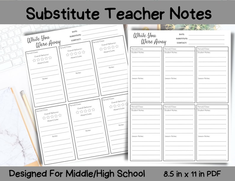 Middle/high School Substitute Teacher Notes: End of Day Report (PDF) - Etsy