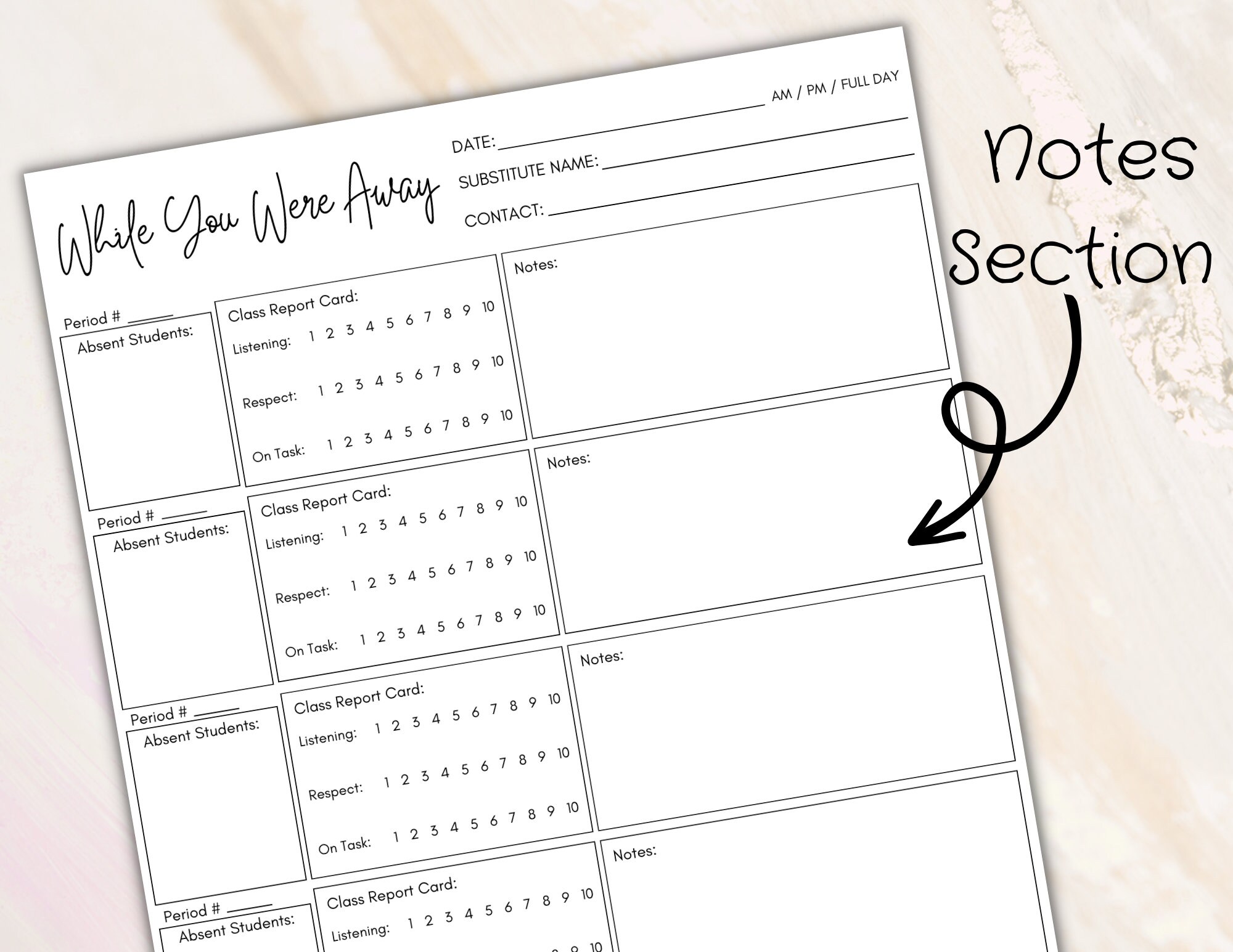 Middle/high School Substitute Teacher Notemultiple Class - Etsy