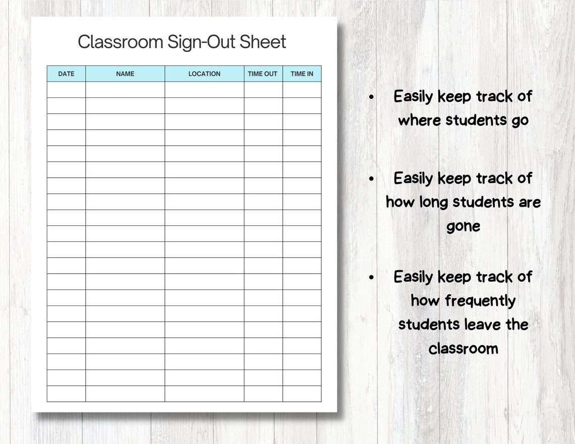 Elementary Middle High School Classroom Sign Out Sheet|printable ...