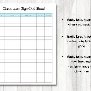 Elementary Middle High School Classroom Sign Out Sheet|printable ...