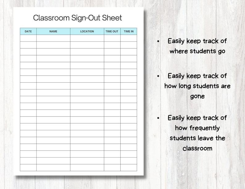 Elementary Middle High School Classroom Sign Out Sheet|printable ...