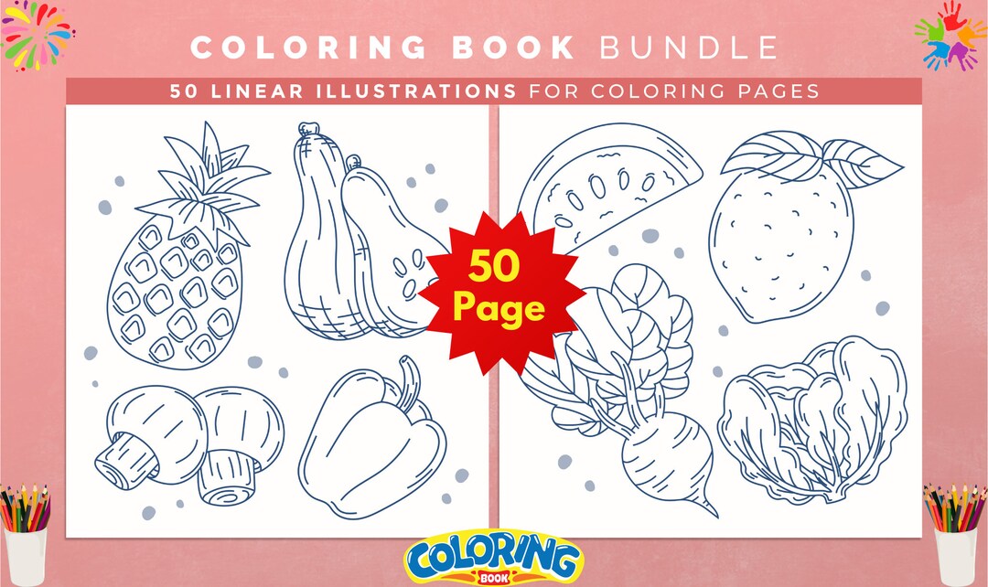 50 Fruit and Vegetables Coloring Book - Etsy