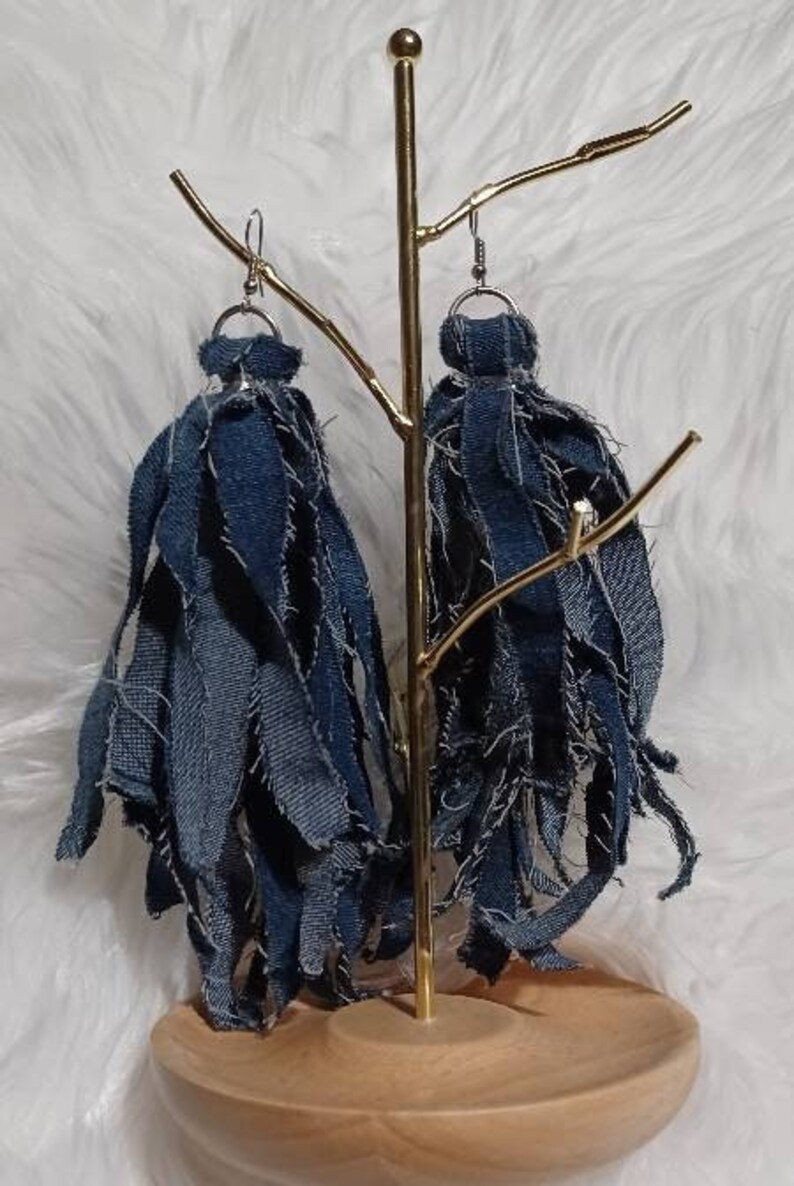 Denim Jean Fringe Earrings Statement Earrings Afrocentric - Etsy