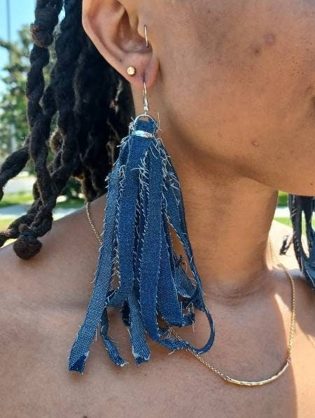 Denim Jean Fringe Earrings Statement Earrings Afrocentric - Etsy