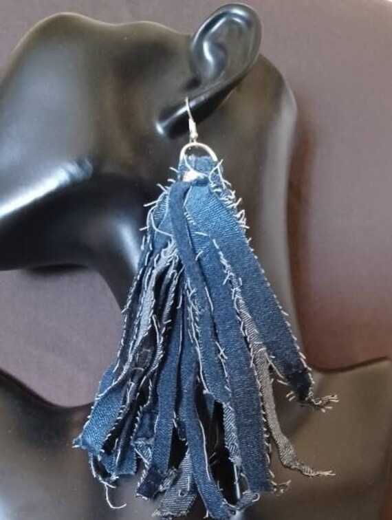 Denim Jean Fringe Earrings Statement Earrings Afrocentric - Etsy
