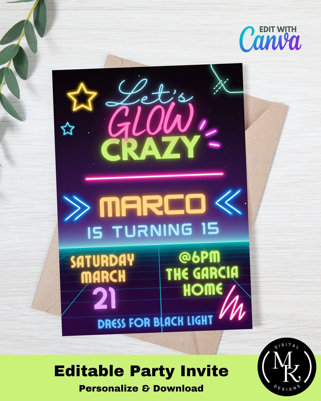 Editable Glow Party Invitation, Glow in the Dark Canva Template, Edit ...
