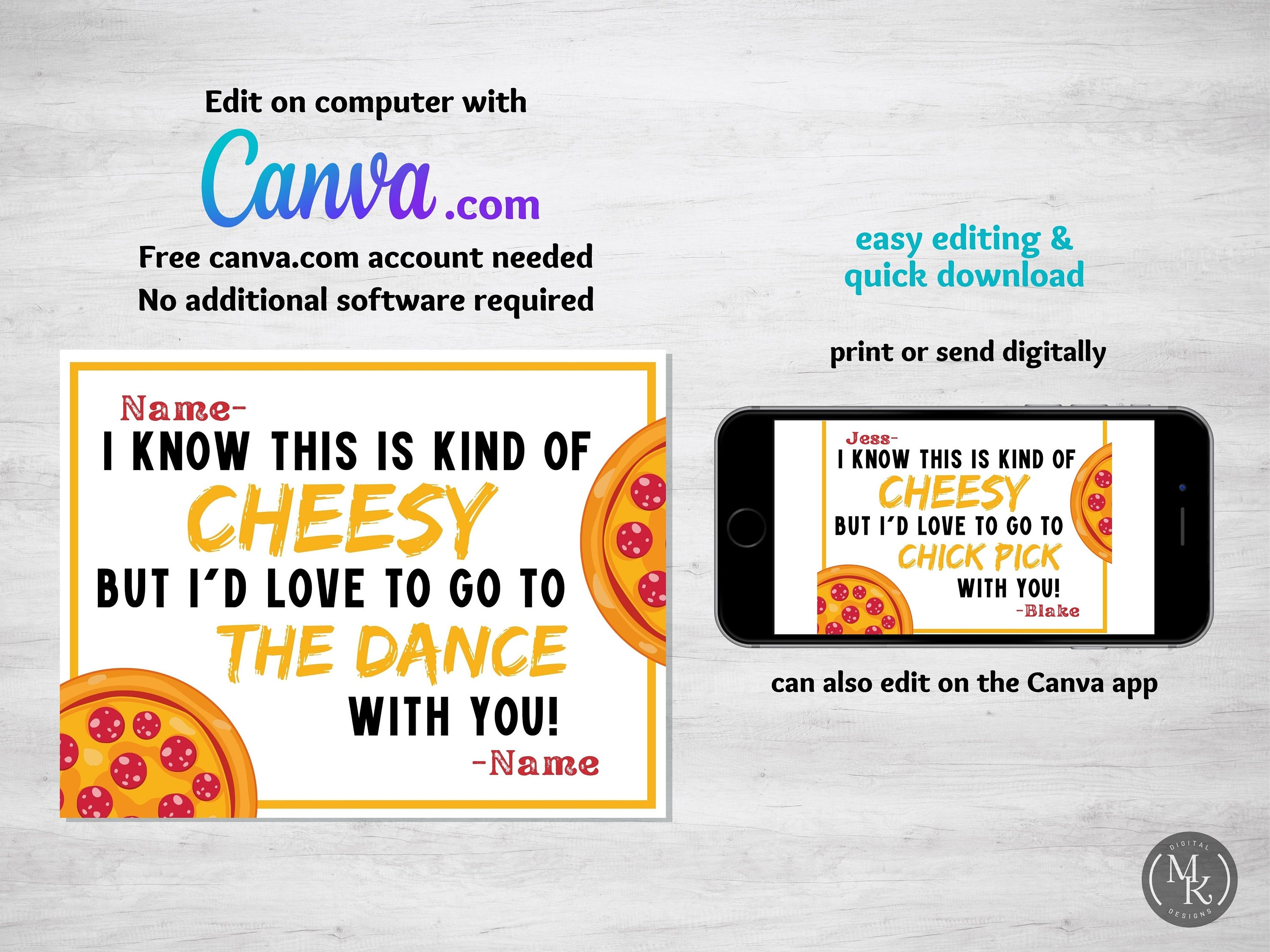 Editable School Dance Answer - CHEESY, Pizza Dance or Date Custom Printables - Etsy